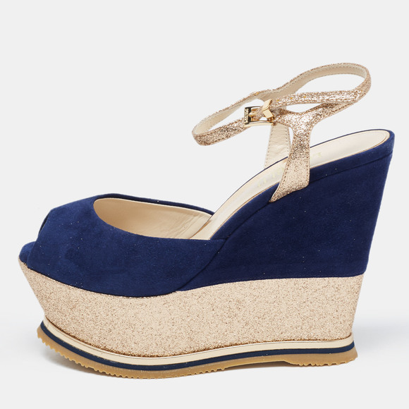 Loriblu | Shoes | Loriblu Navy Blue Gold Suede And Glitter Wedge ...